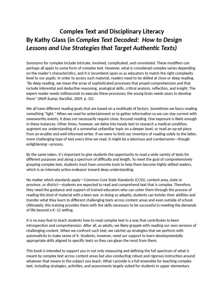 Complex Text and Disciplinary Literacy | PDF | Reading Comprehension | Cognition