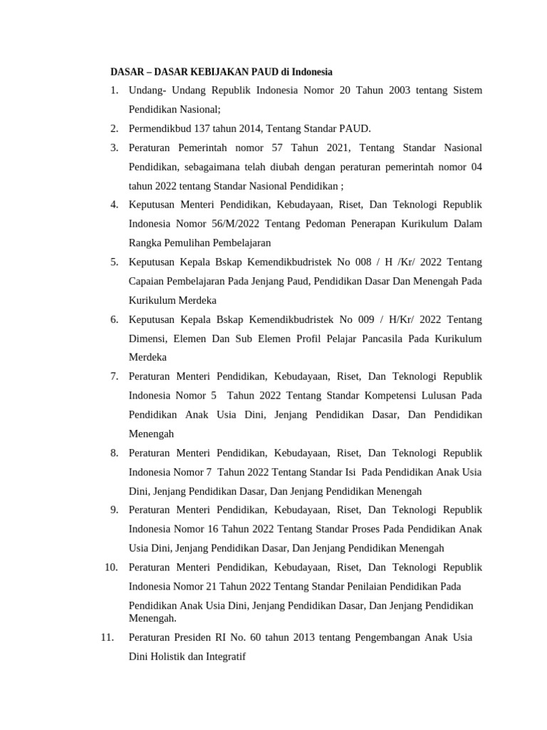 Kebijakan PAUD Indonesia 2022 | PDF