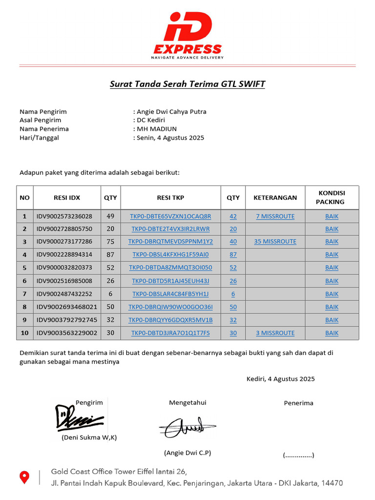 Surat Terima Paket GTL Kediri | PDF