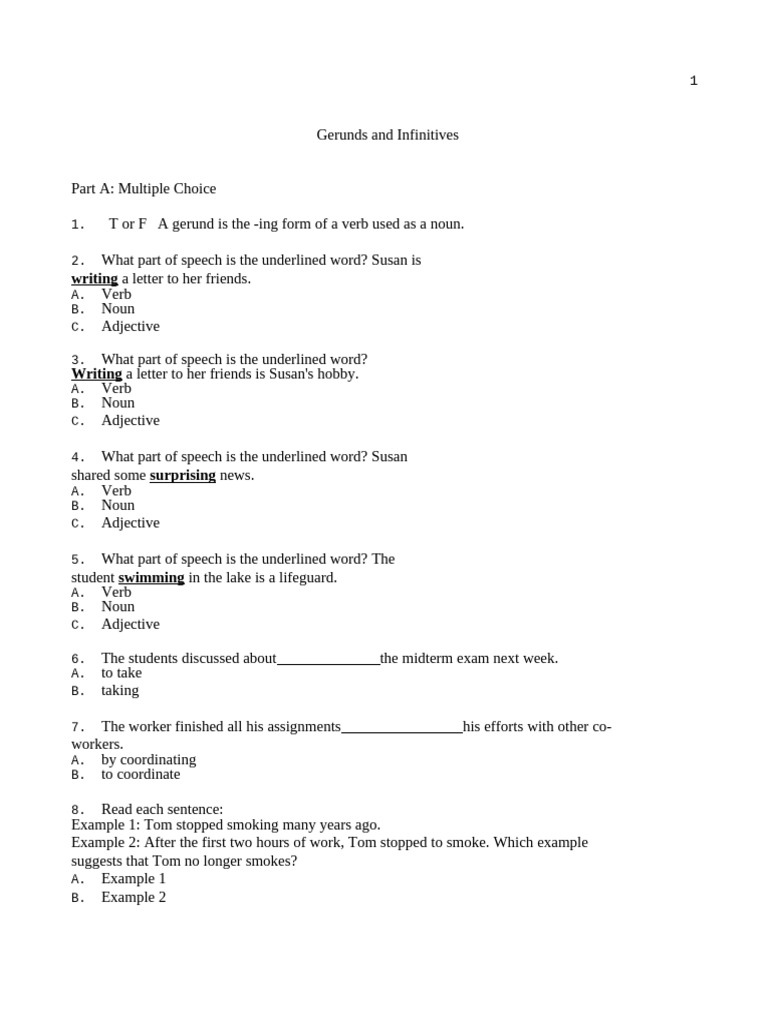 Gerunds and Infinitives Practice Quiz | PDF | Part Of Speech | Verb