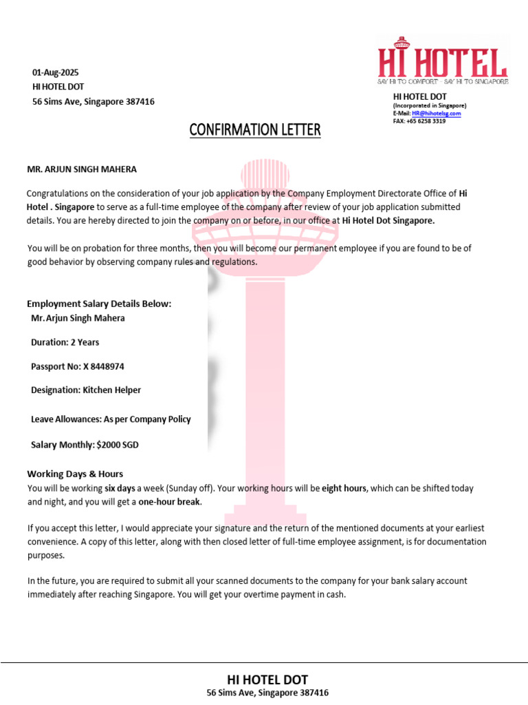 Arjun Singh Mahera Hi Hotel Dot Confirmation Letter | PDF | Employment ...
