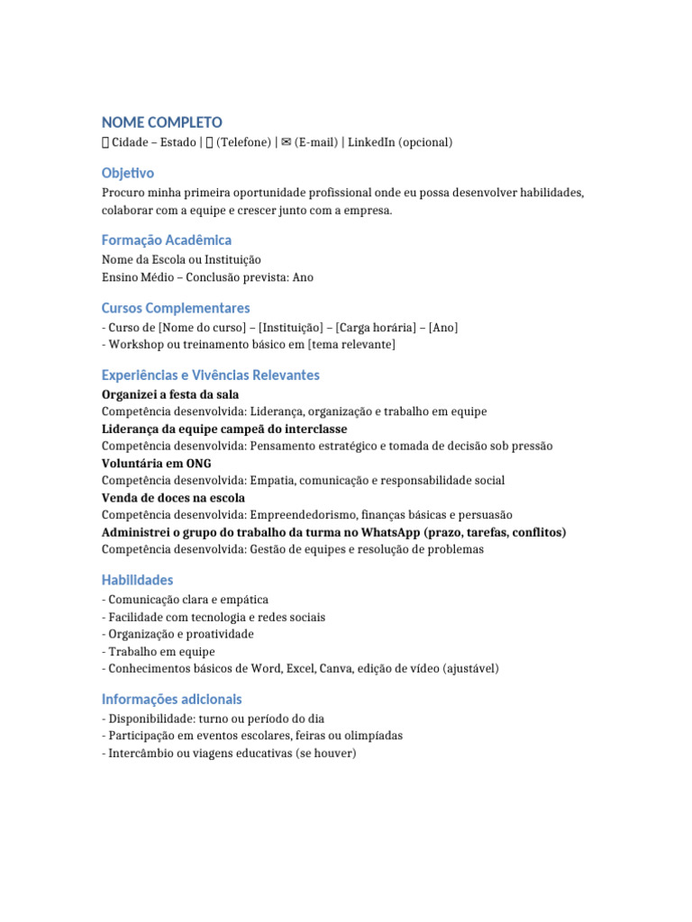 Modelo de Currículo para Primeiro Emprego | PDF