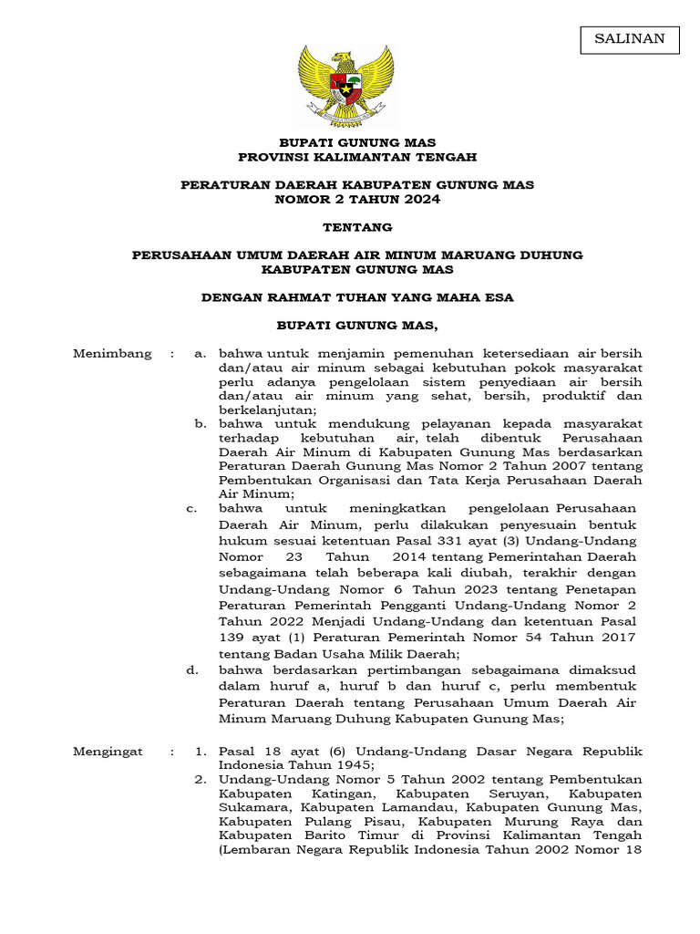 Perda Kab. Gunung Mas No. 2 Tahun 2024 | PDF