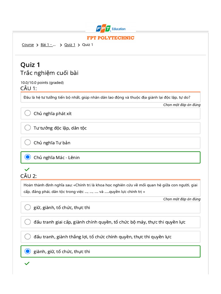 Quiz 1 - Quiz 1 - VIE1016 Courseware - FPT Polytechnic - Course Management System Home Page | PDF