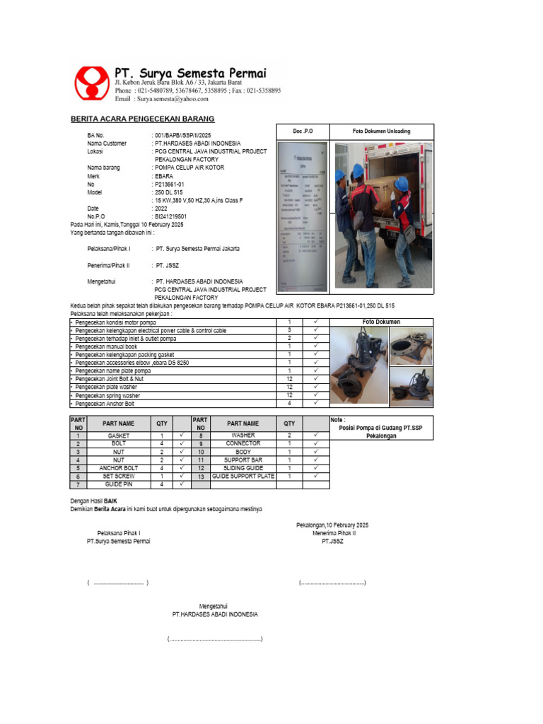 PT. SSP - Doc BA Pompa Celup Ebara | PDF
