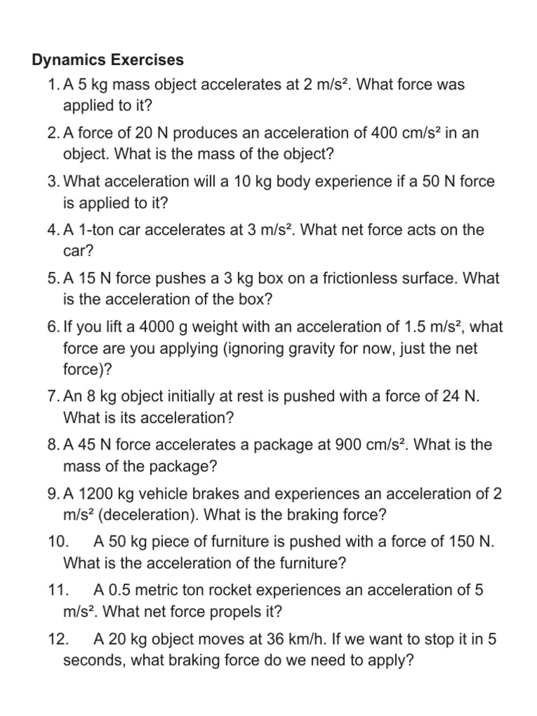 Dynamics Exercises for Force and Acceleration | PDF