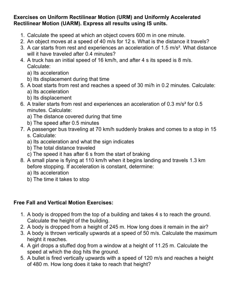 Exercises Uniform Rectilinear Motion | PDF