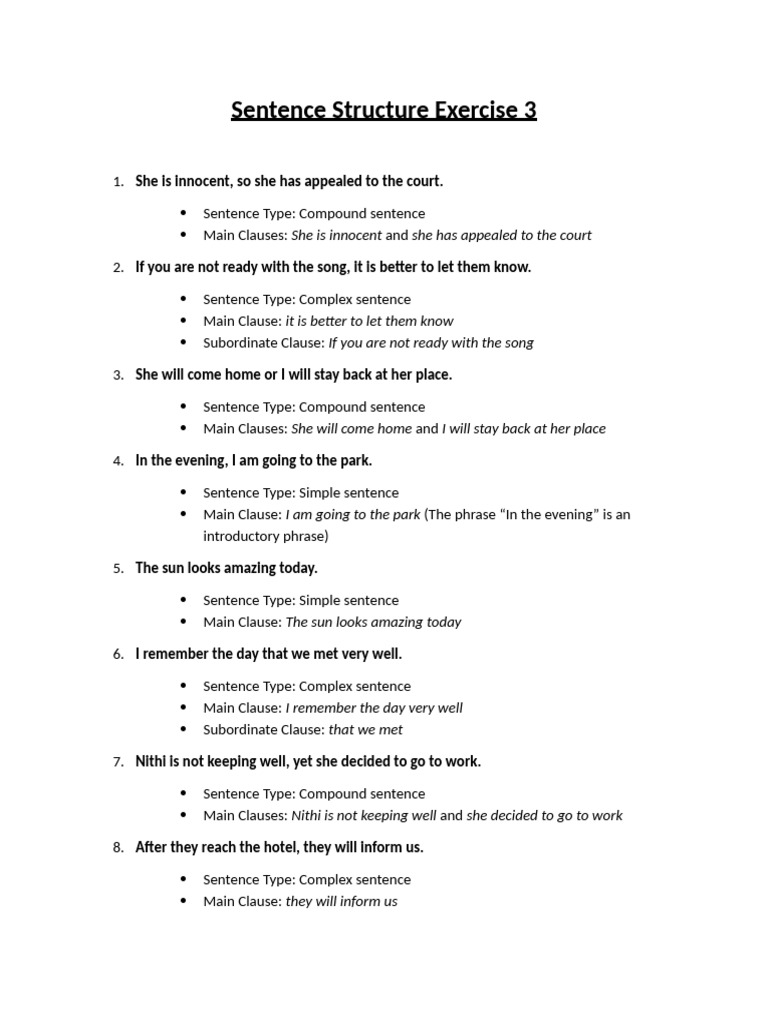 Sentence Structure Exercise 3 | PDF | Clause | Sentence (Linguistics)