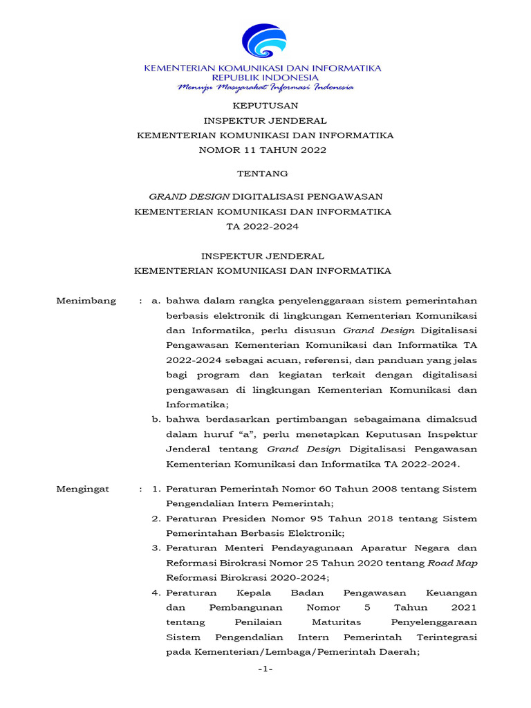 SK IRJEN Nomor 11 Grand Design Digitalisasi Pengawasan | PDF