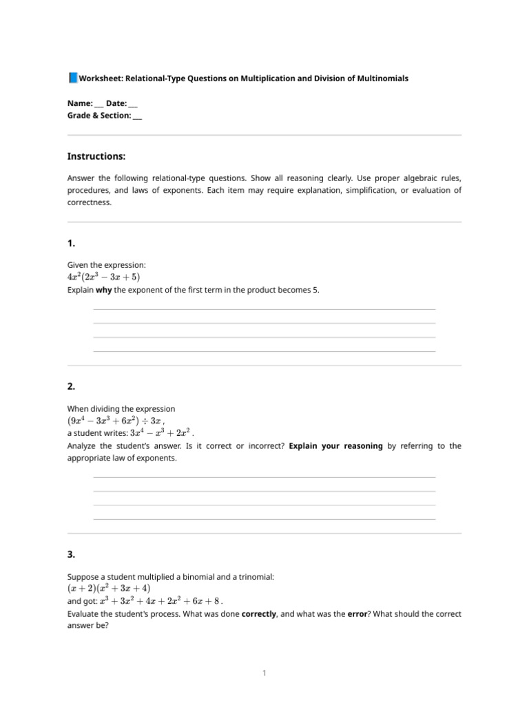 Multinomial Division Quiz | PDF