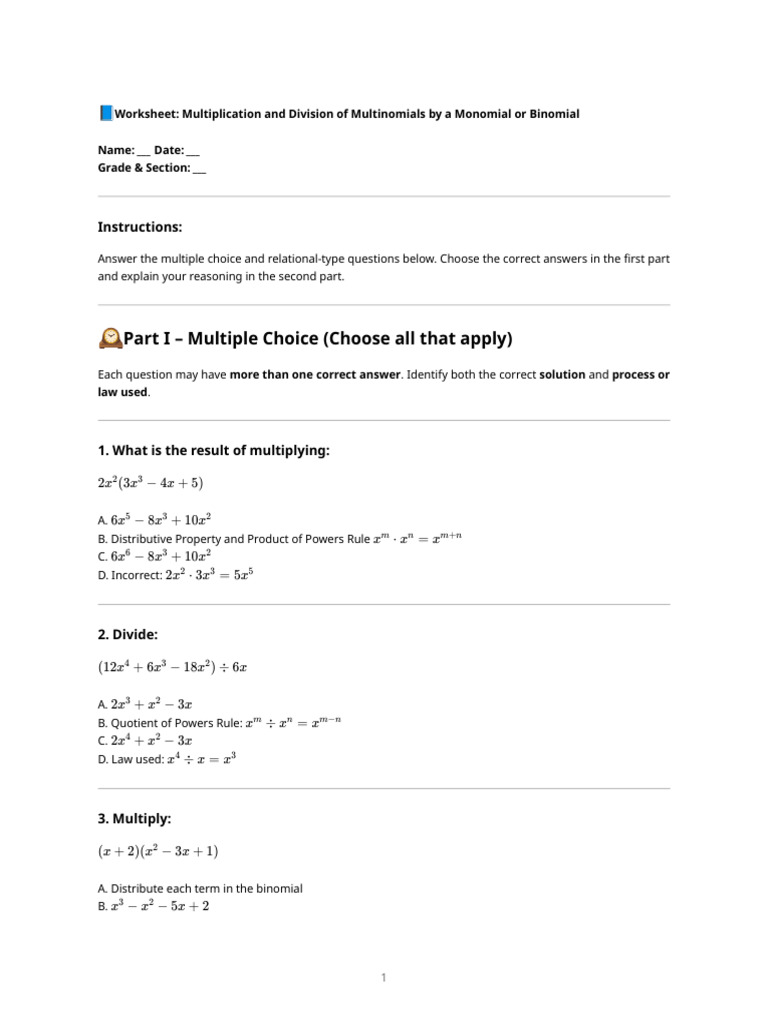 Multinomials: Multiply & Divide Worksheet | PDF | Polynomial | Number ...