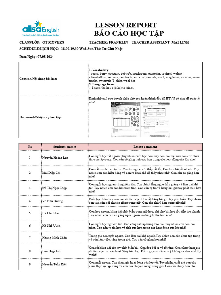 Lesson Report (Báo Cáo Học Tập) - Gt Movers.lđ - 07.08.2024 | PDF