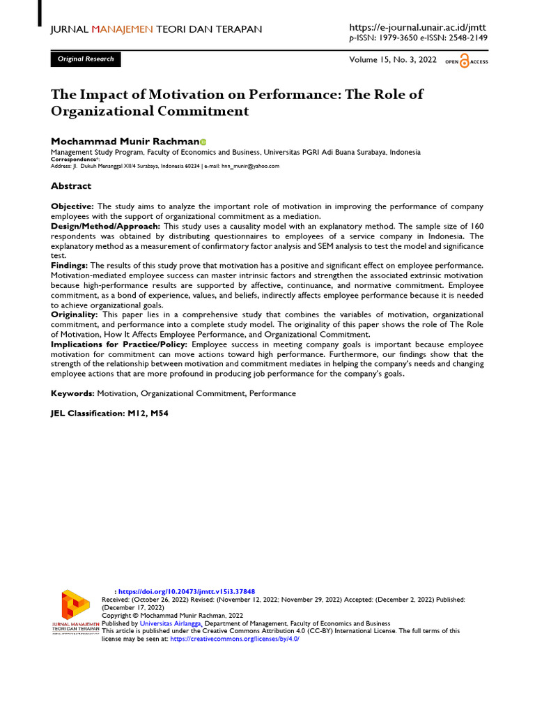 Impact of Motivation On Performance The Role of or | PDF | Motivational ...