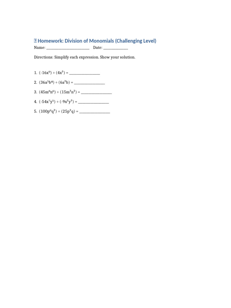 Monomial Division Homework Worksheet | PDF
