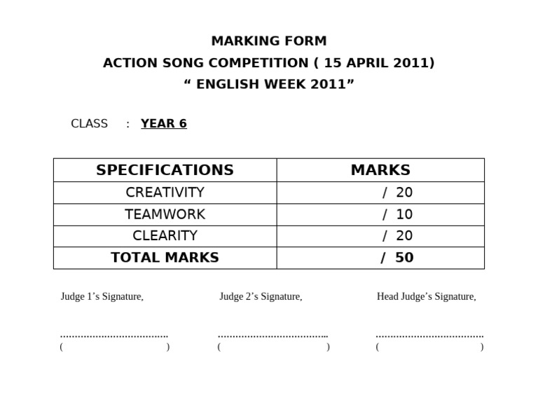 Action Song Competition Marking Form | PDF