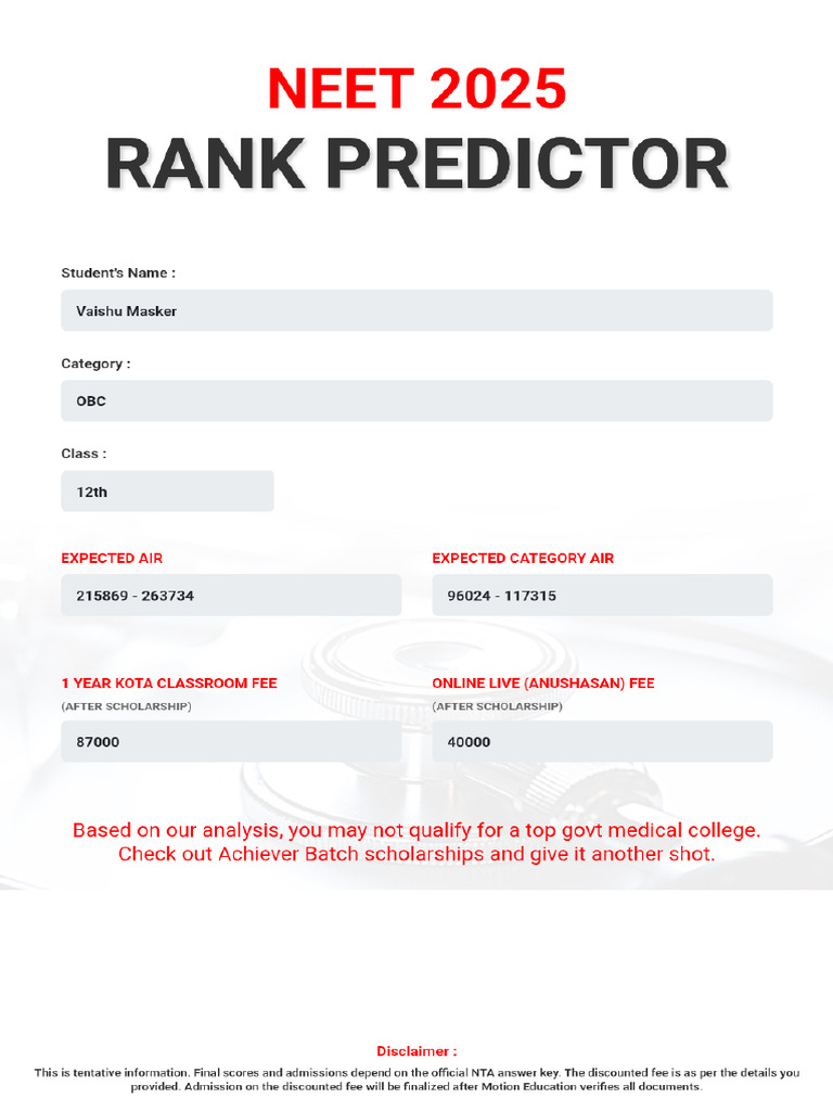 NEET 2025 Rank Prediction | PDF