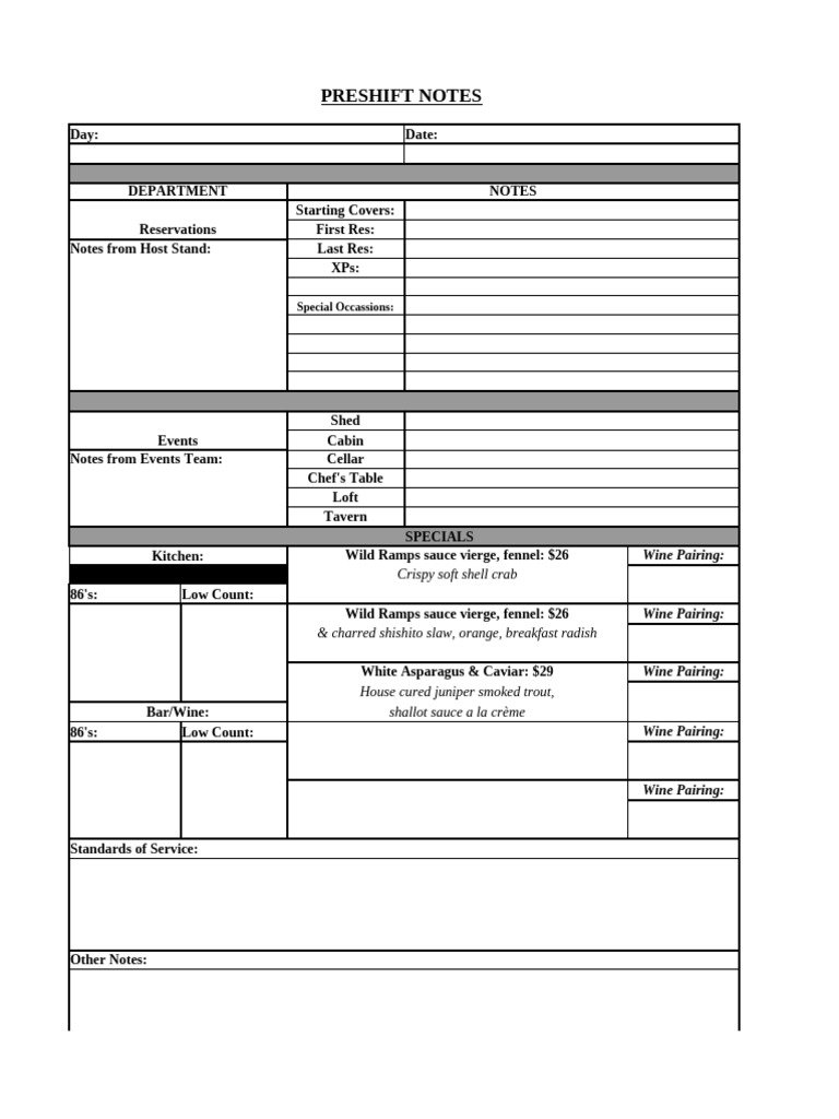 Daily Preshift Notes & Specials Guide | PDF