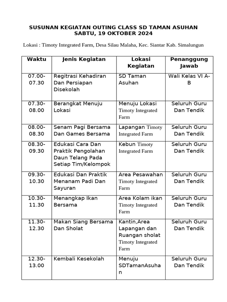 Susunan Kegiatan Outing Class SD Taman Asuhan | PDF