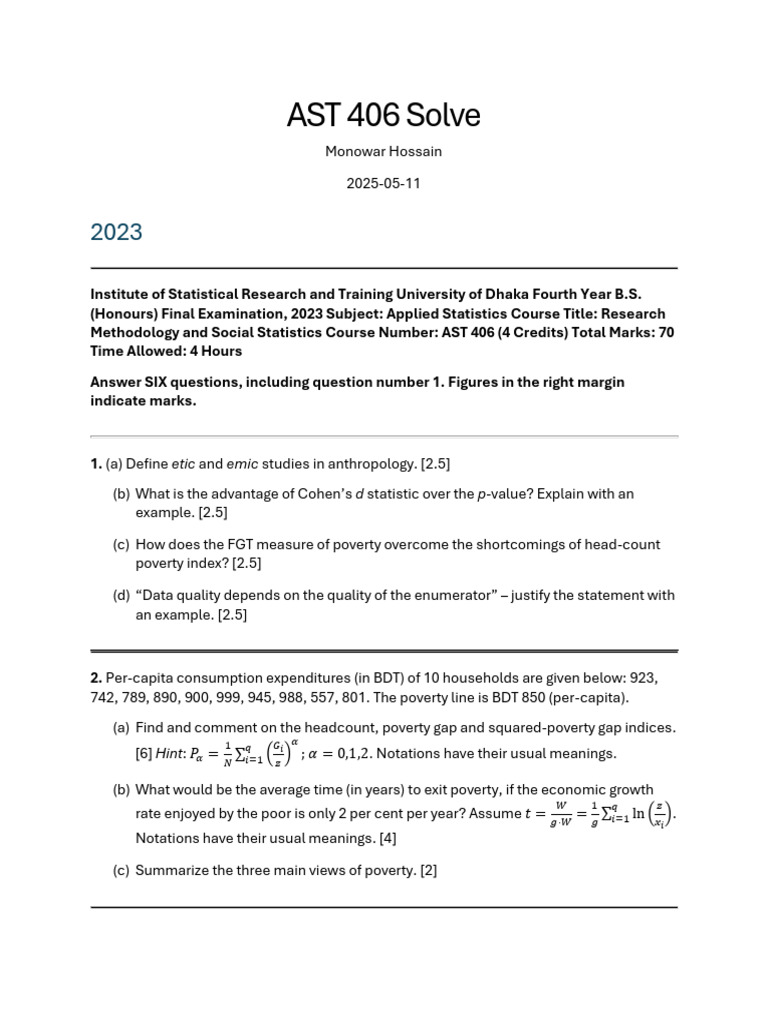 AST 406 Applied Statistics Exam 2023 | PDF | Effect Size