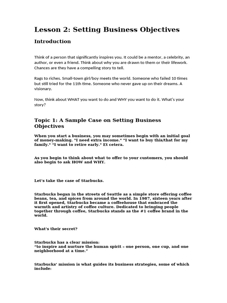 Lesson 2 - Setting Business Objectives | PDF | Starbucks | Economies