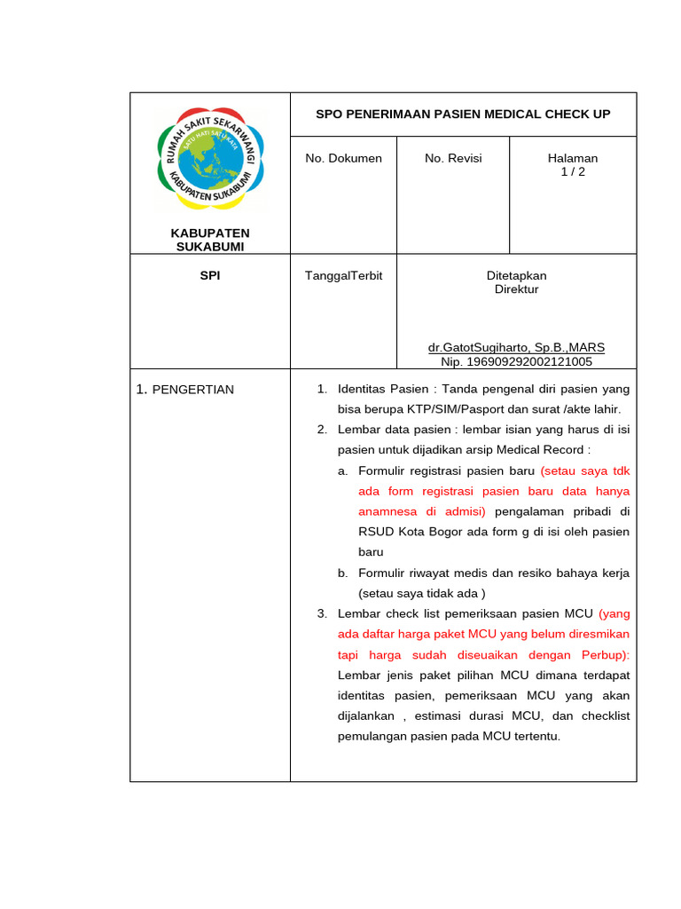 SPO Penerimaan Pasien MCU Edit | PDF