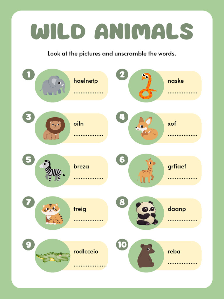 Wild Animals Worksheet in Green Yellow Illustrative Style | PDF