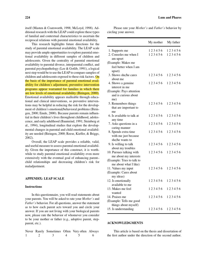 LEAP Scale: Assessing Parental Availability | PDF | Social Psychology ...