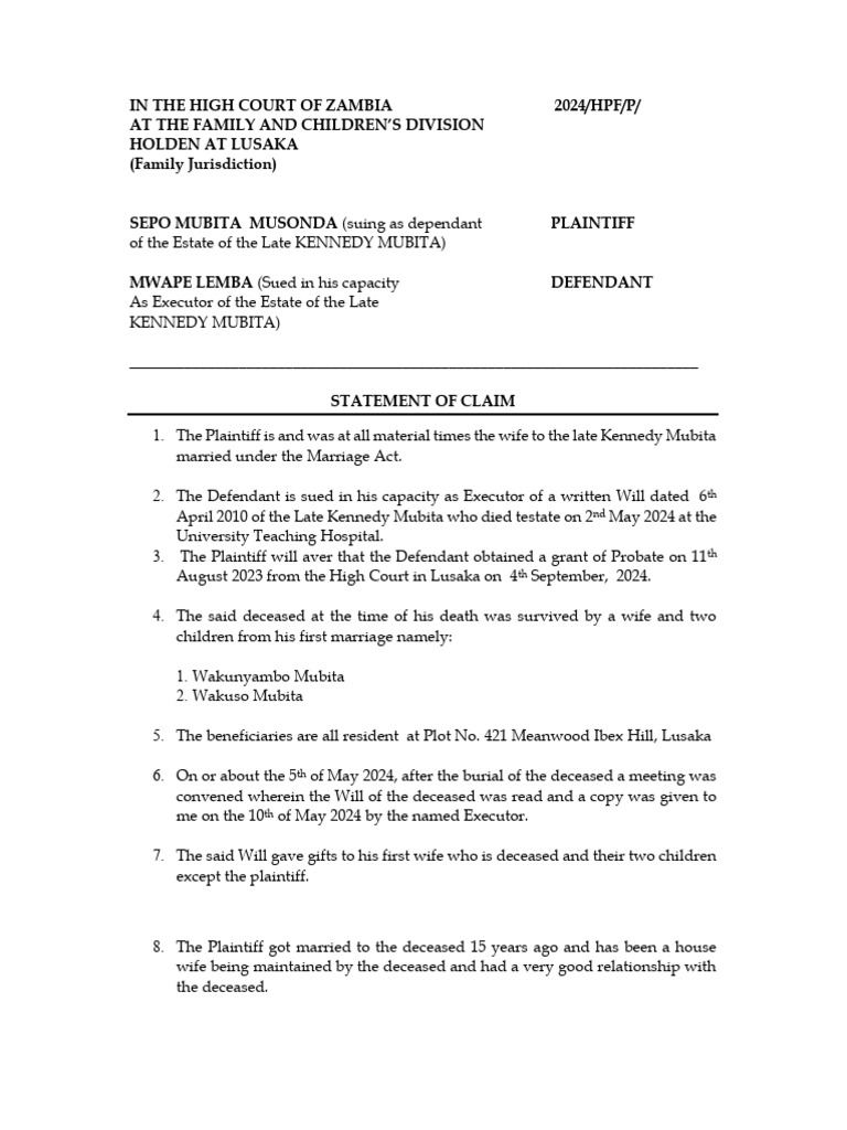 Estate Dispute: Musonda vs. Lemba Case | PDF | Will And Testament ...