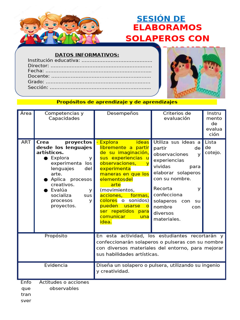 1° SESIÓN DÍA 5 ART ELABORAMOS SOLAPEROS CON NUESTROS NOMBRES (4) | PDF | Aprendizaje | Pulsera