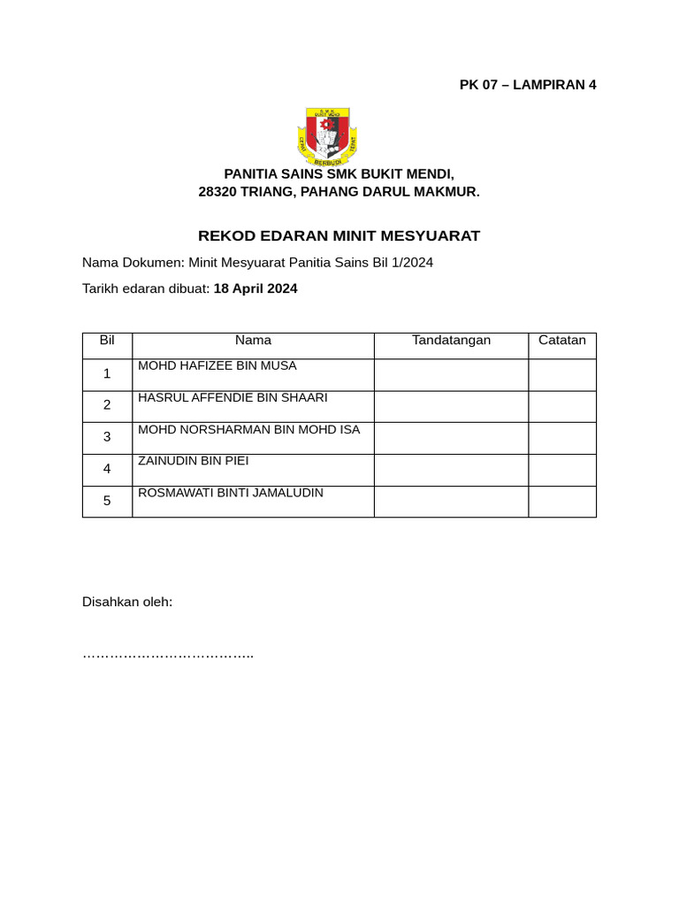 Rekod Edaran Mint Mesy Bil 1 2024 | PDF