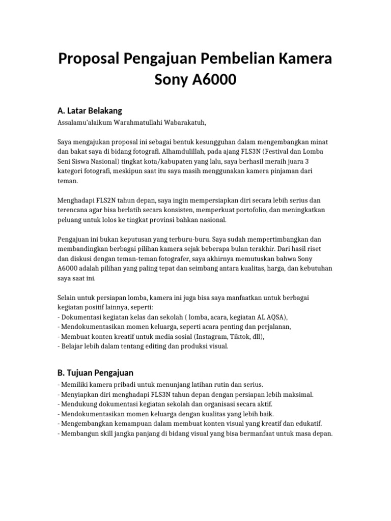 Proposal Pembelian Kamera Sony A6000 Rayyan | PDF