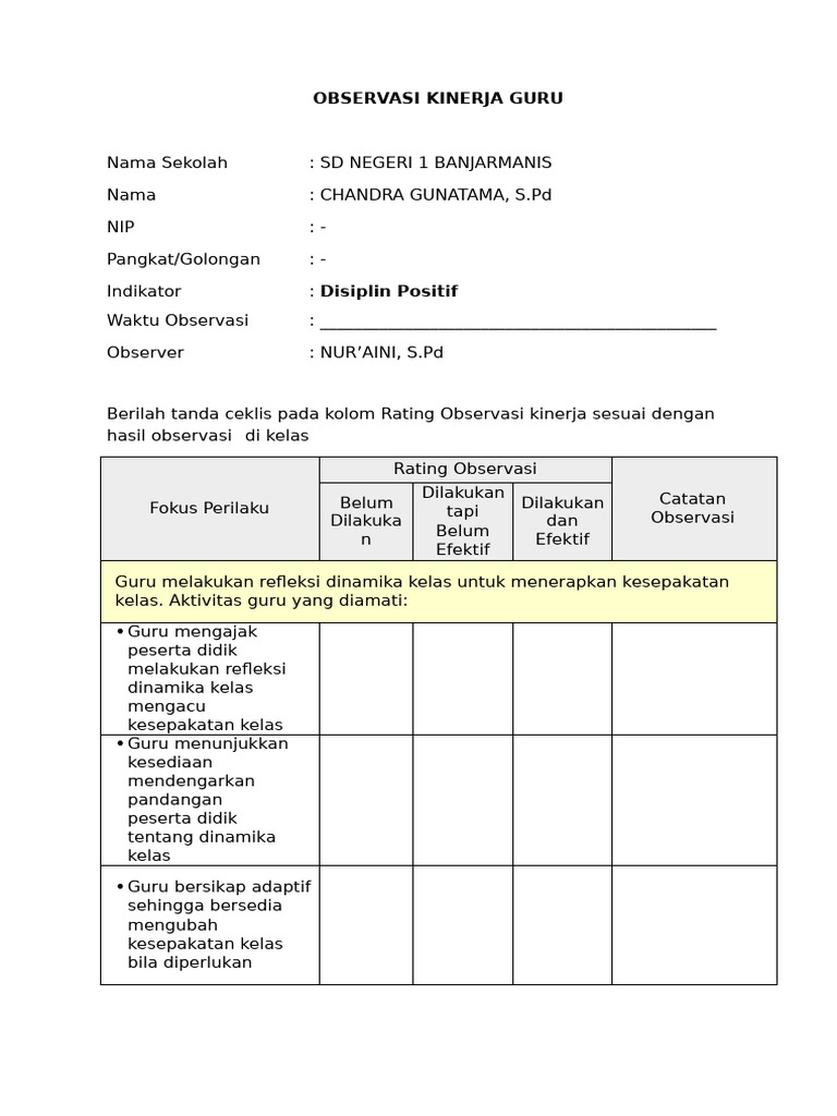 Contoh Rubrik Observasi Kinerja Guru | PDF