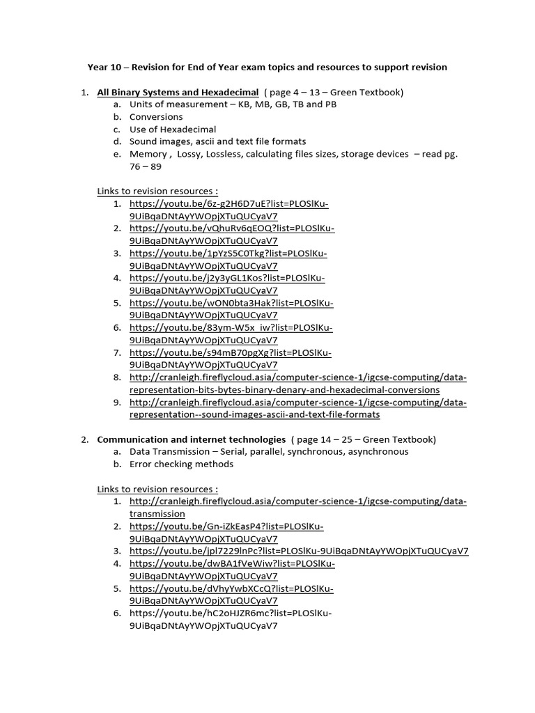 Year 10 - End of Year Exam - Topics for Revision | PDF | Bit | Byte