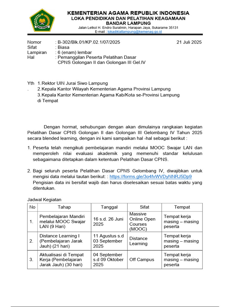 Pemanggilan Peserta Latsar CPNS Golongan II Dan III Gelombang IV | PDF