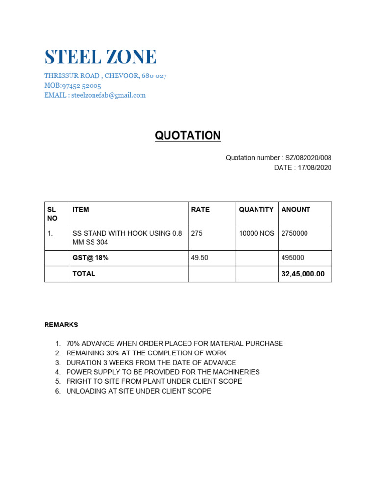 Quotation for SS Stand Fabrication | PDF