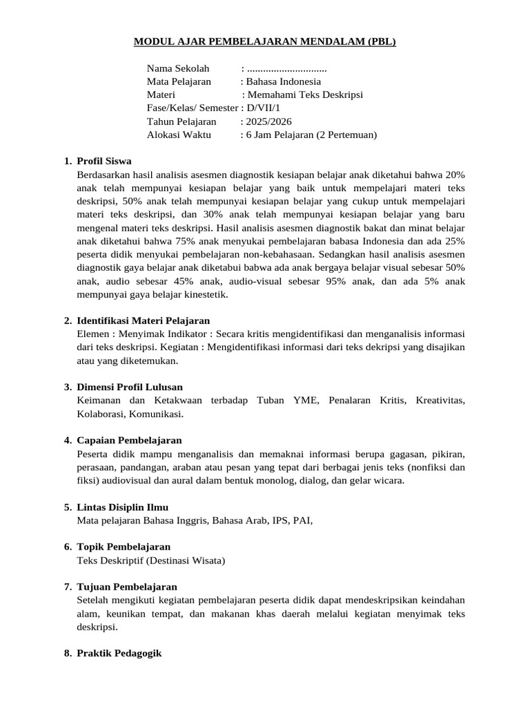 Modul Ajar Teks Deskripsi PBL | PDF