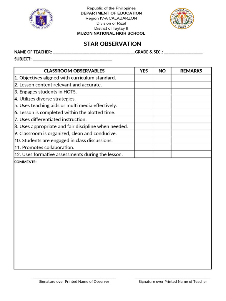 Star Observation Form - 2025-2026 | PDF