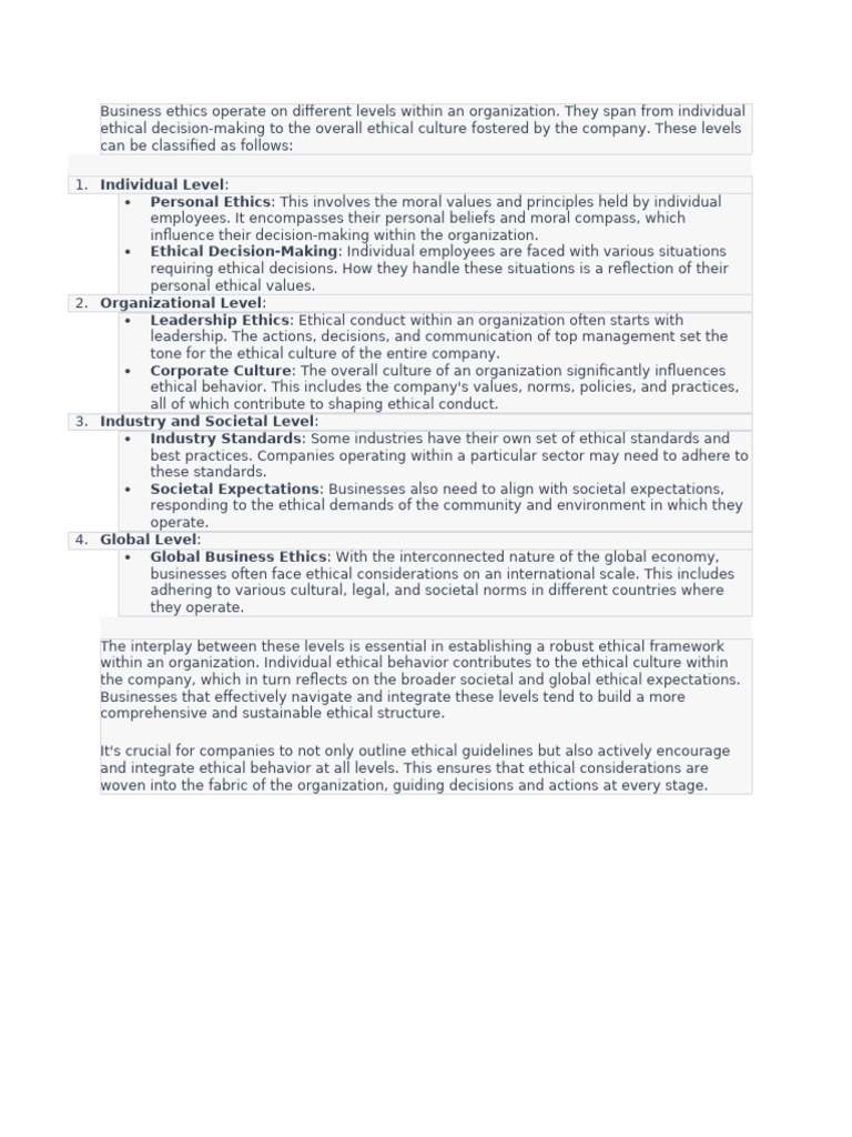 Levels of Business Ethics | PDF | Business Ethics | Value (Ethics)