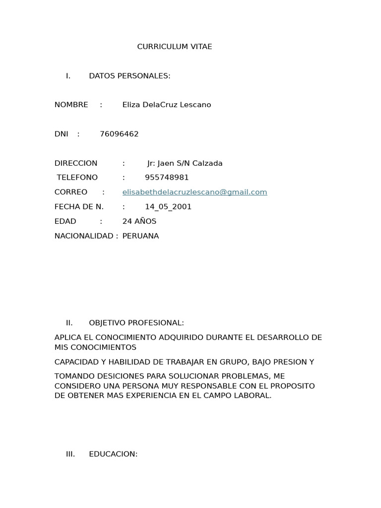 Currículum Vitae de Eliza DelaCruz Lescano | PDF