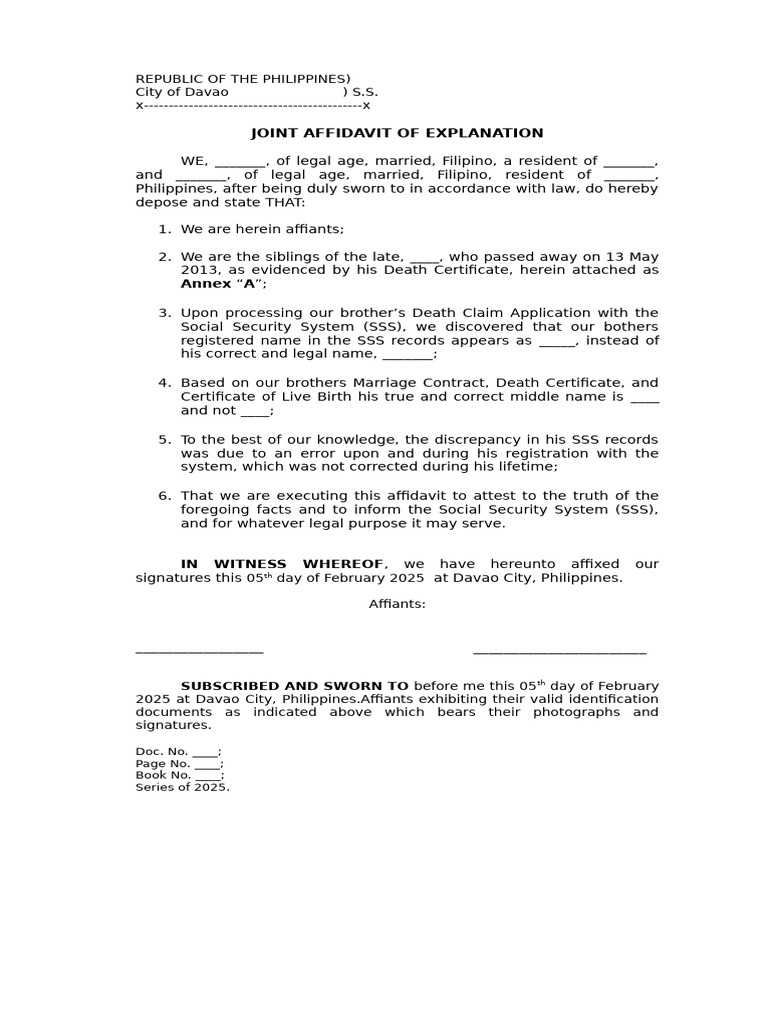 Joint Affidavit for SSS Death Claim | PDF | Affidavit | Legal Documents
