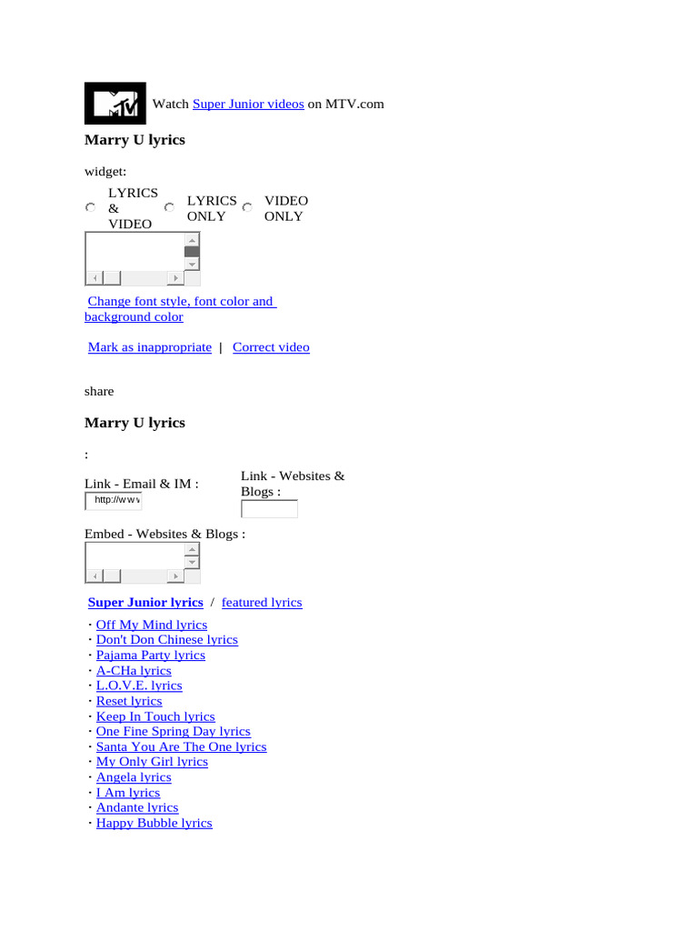Super Junior's "Marry U" Lyrics | PDF | Musicians | Singers