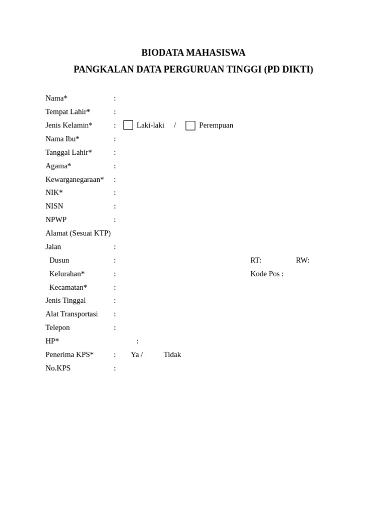 Format BIODATA MAHASISWA Format PDDIKTI PPG Guru Tertentu Tahap | PDF