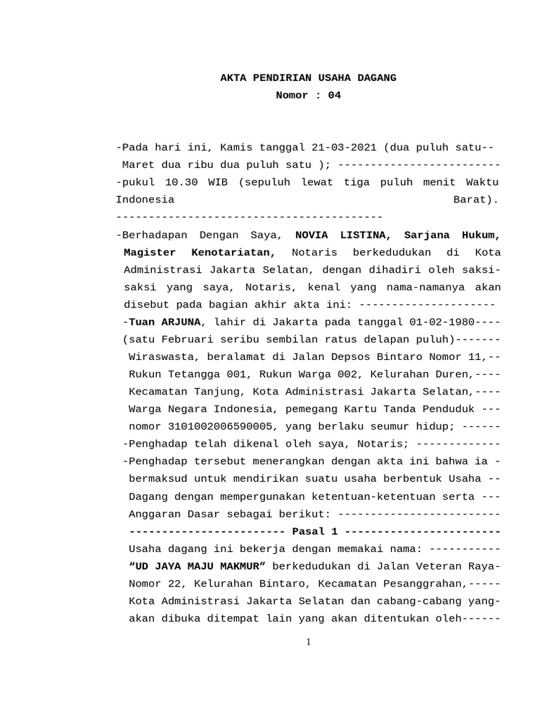 Akta Pendirian Usaha Dagang UD Jaya Maju | PDF