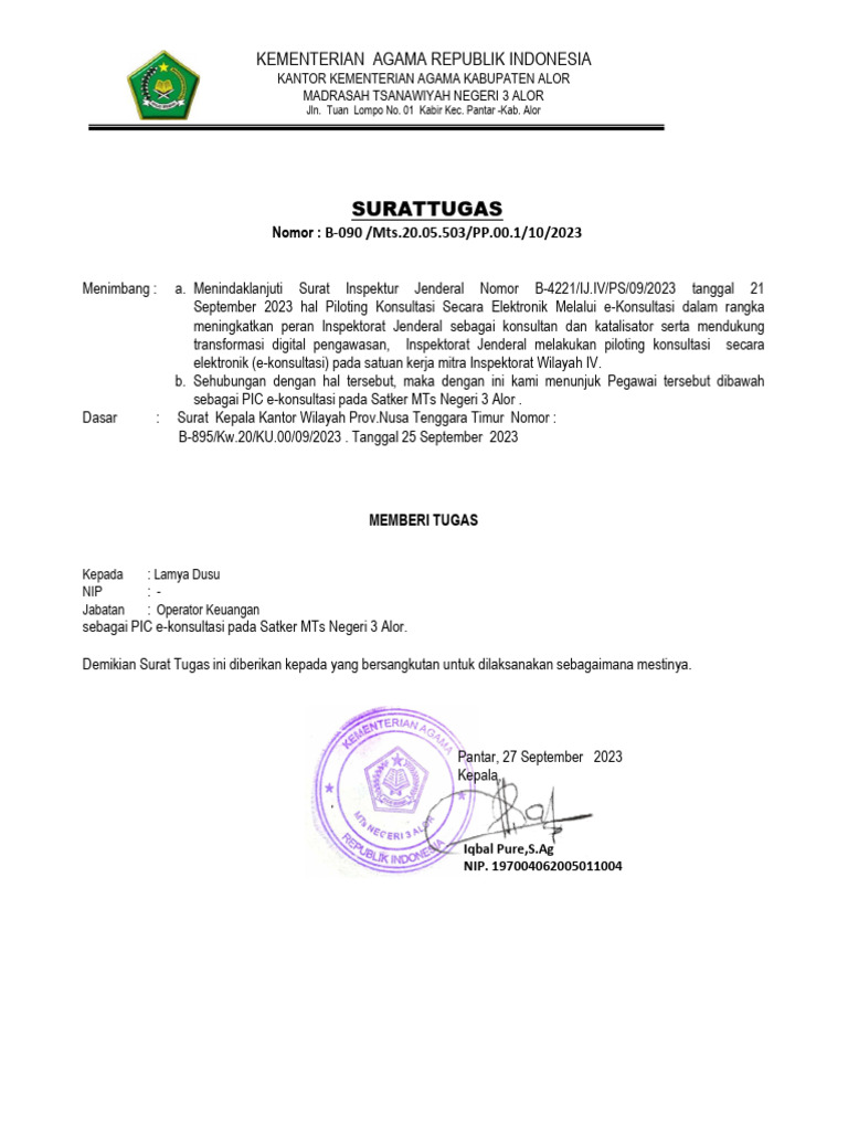 Surat Tugas Pic Satker 674910 | PDF