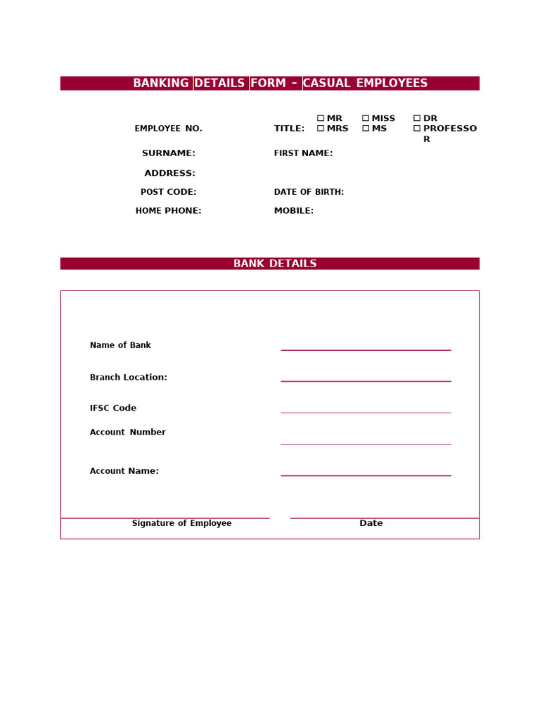 Banking Details Form for Casual Employees | PDF