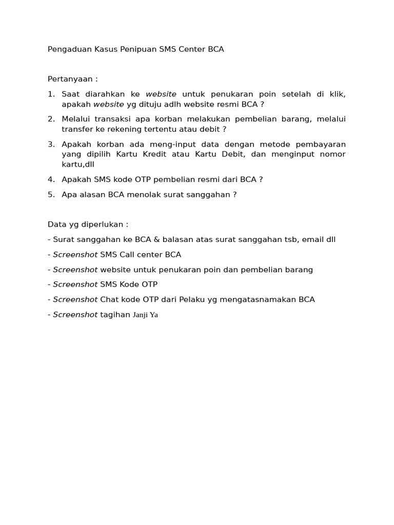 Penipuan SMS BCA: Pengaduan dan Bukti | PDF