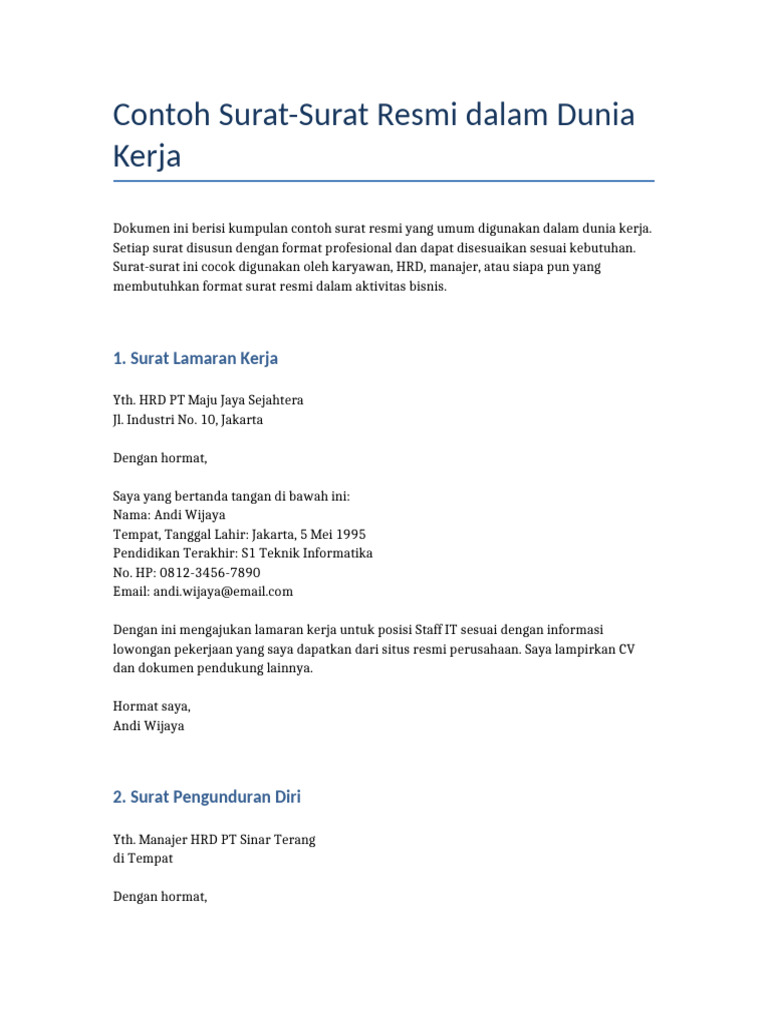 Contoh Surat-Surat Resmi Dalam Dunia Kerja (Lengkap + Format | PDF