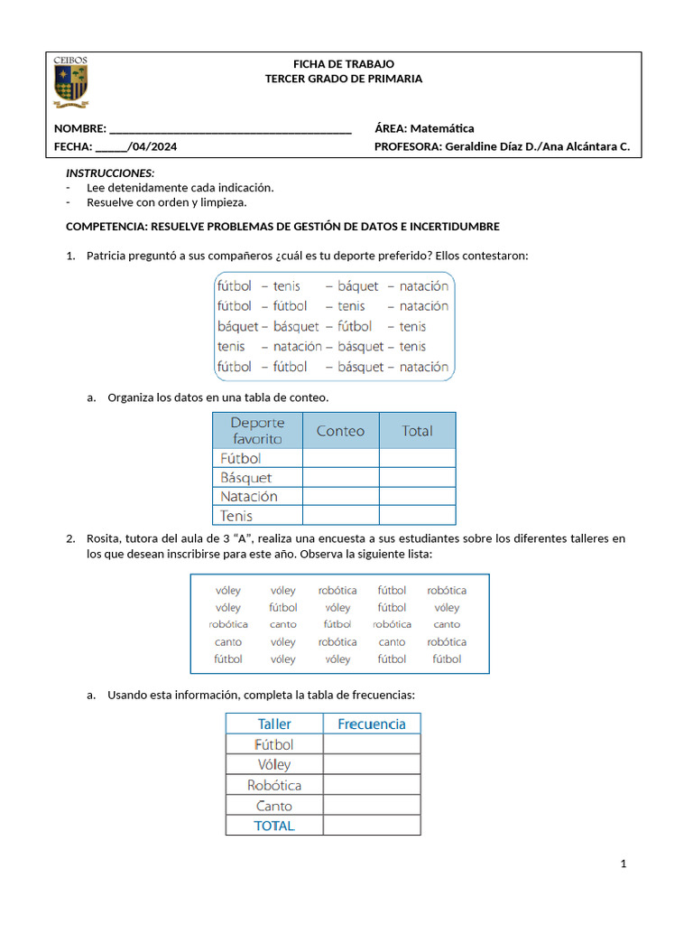 Tablas de Conteo para Tercer Grado | PDF