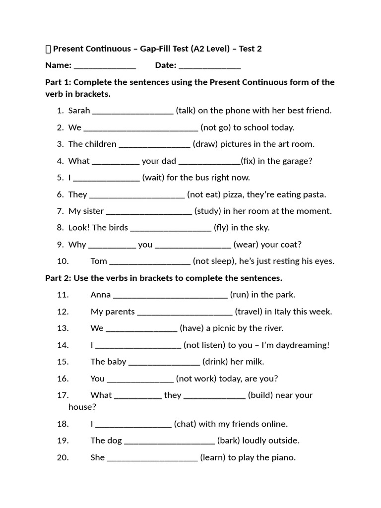 Present Continuous Gap-Fill Test A2 | PDF