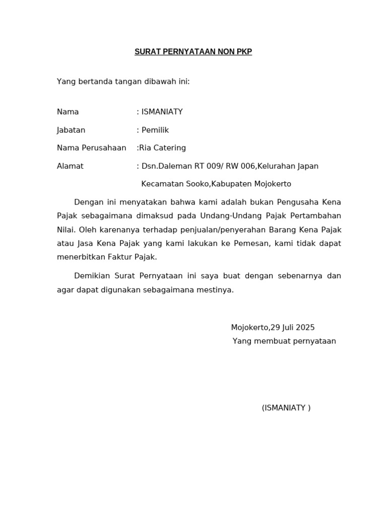 Surat Pernyataan Non PKP | PDF